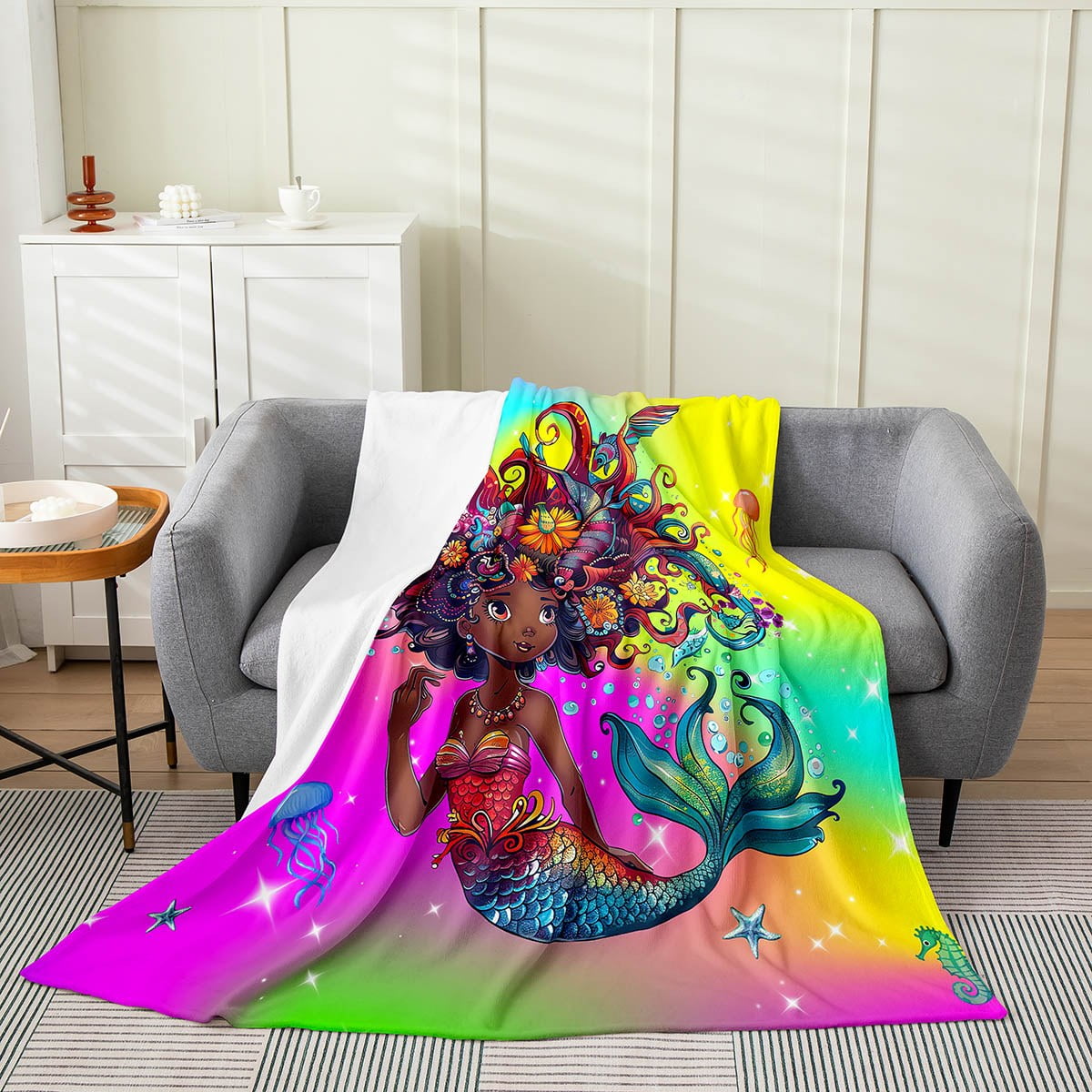 Ombre Mermaid Queen 90x90 Fleece Blanket Cute American African Princess Throw Blanket Ocean ...