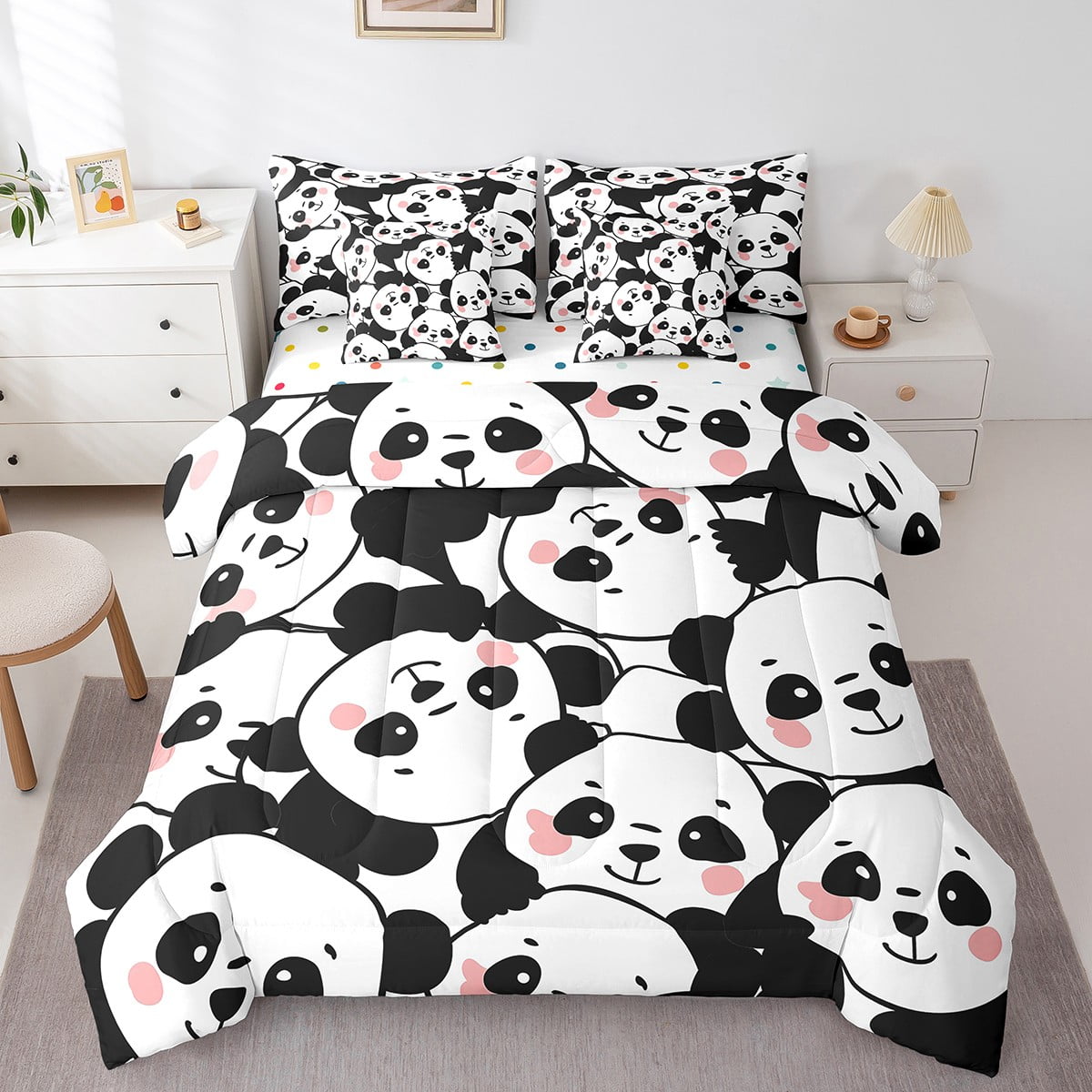 Panda Bed In A Bag Kawaii Cute Panda Quilt with Flat Fitted Sheet Black ...