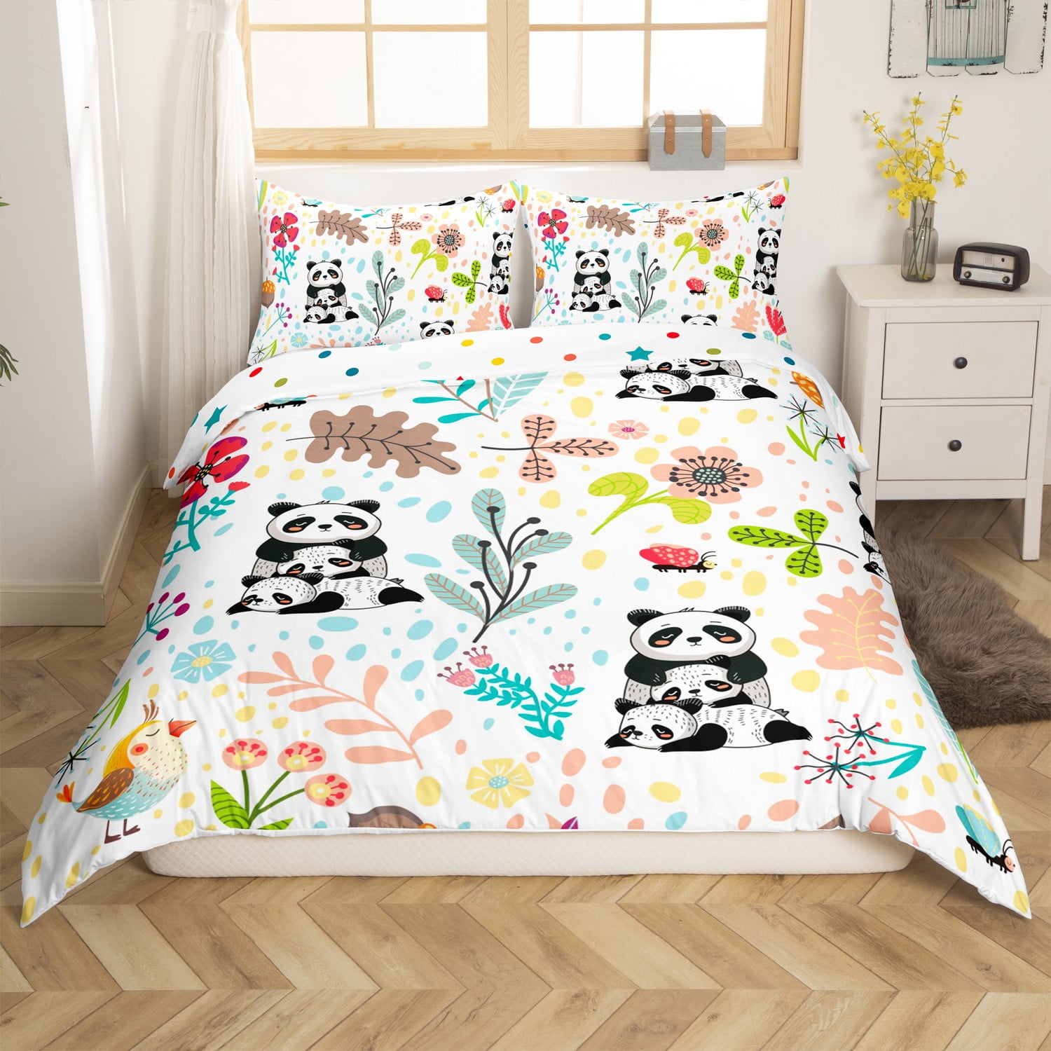 YST Kids Panda Comforter Cover Cute Woodland Botanical Flowers Queen ...