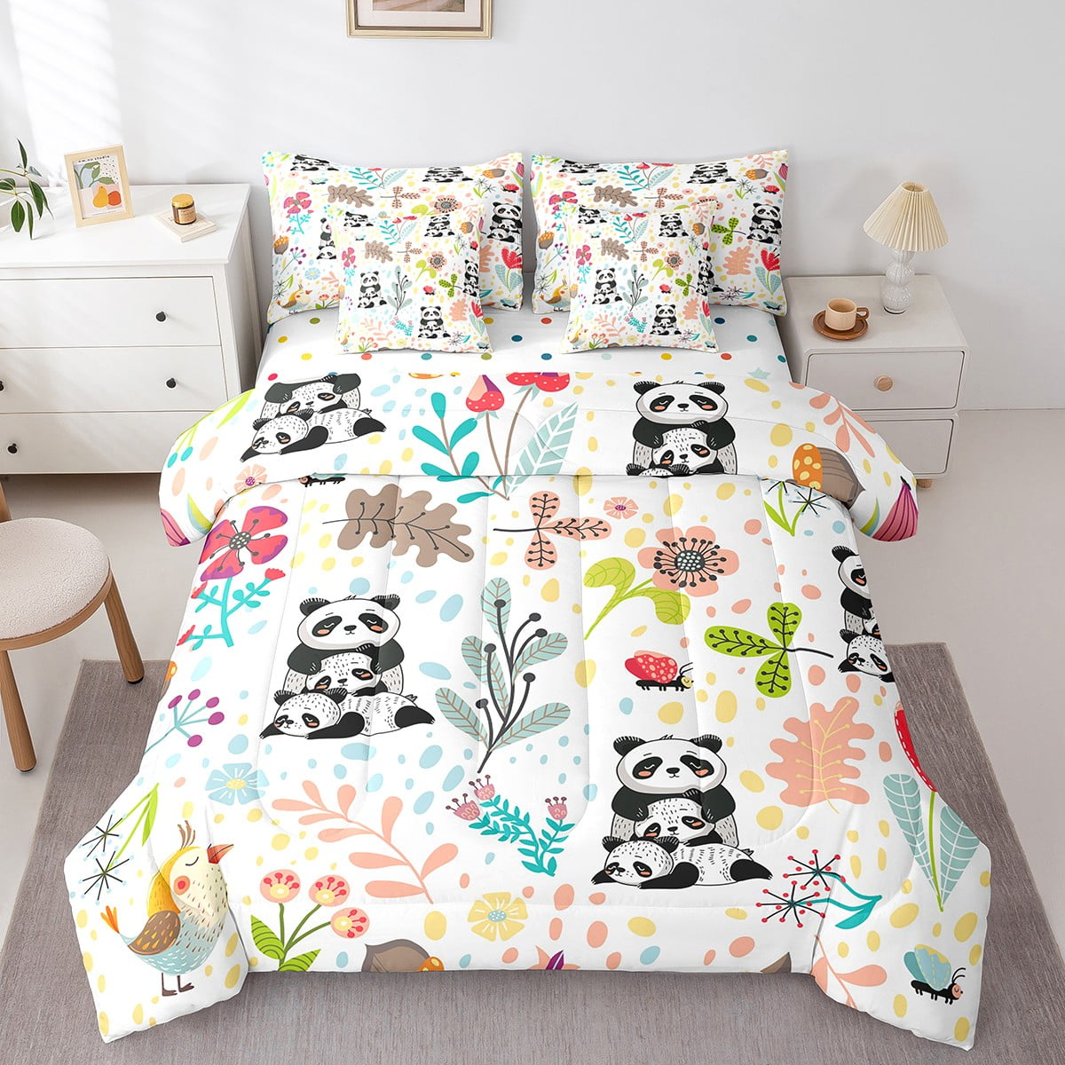 Panda Comforter Set 7 Piece Cute Woodland Botanical Flowers King Bed In ...
