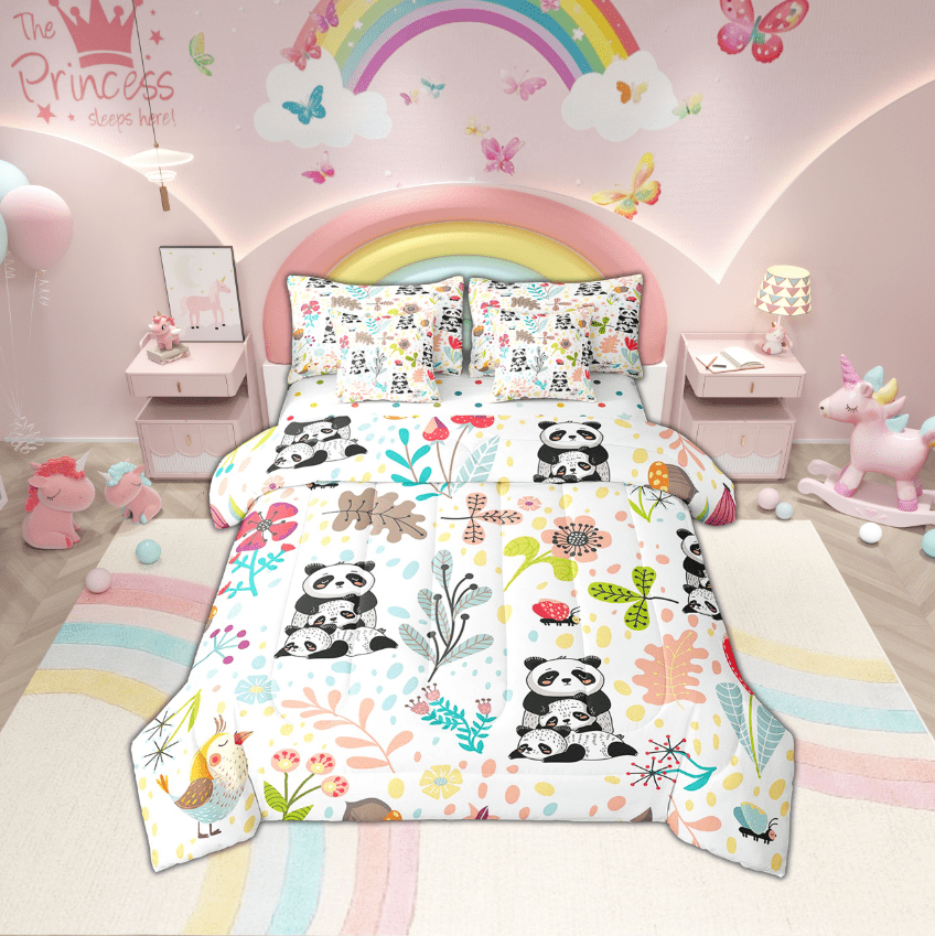 Erosebridal Panda Comforter Set 7 Piece Cute Woodland Botanical Flowers ...