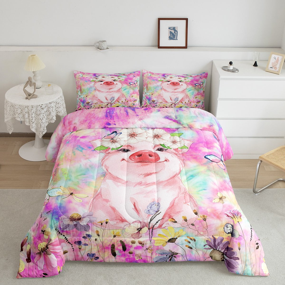 YST Kids Pig Comforter Set Queen for Boys Girls Rainbow Tie Dye Bedding ...