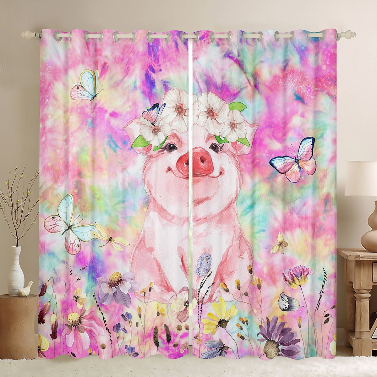 YST Kids Pig Curtains & Drapes for Boys Girls Rainbow Tie Dye Curtains ...