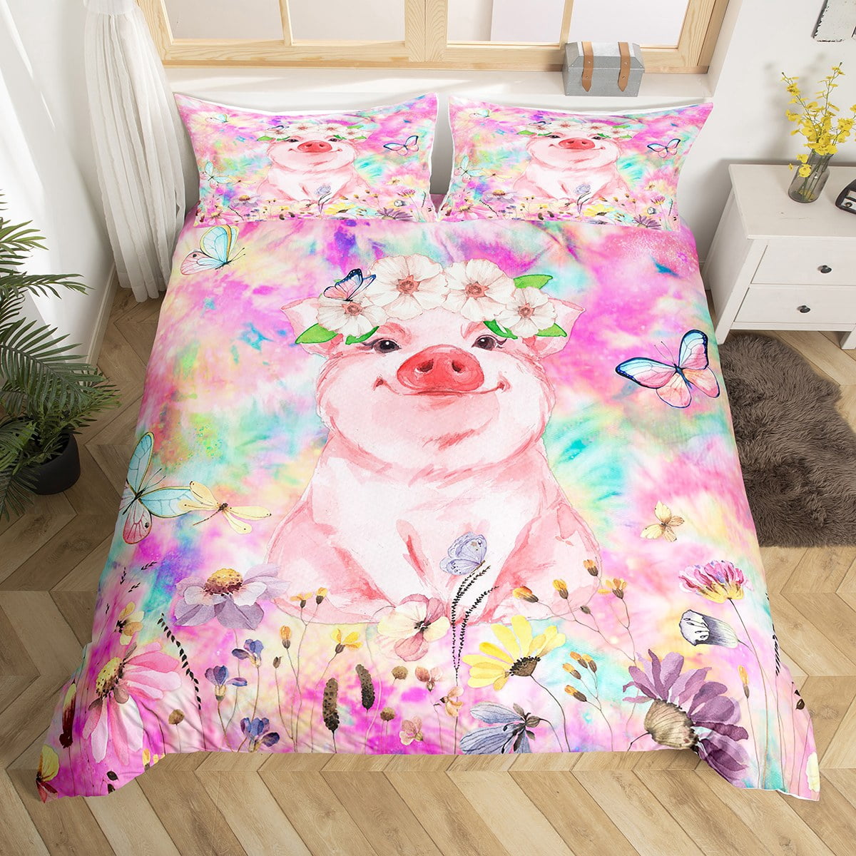 YST Kids Pig Duvet Cover Queen for Boys Girls Rainbow Tie Dye Bedding ...