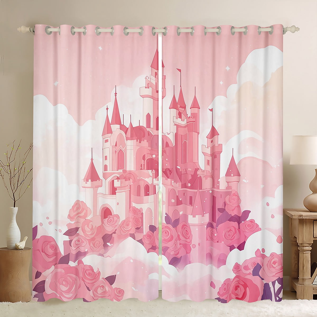 YST Kids Pink Castle Curtains, Castle Dreamy Blackout Curtains For ...