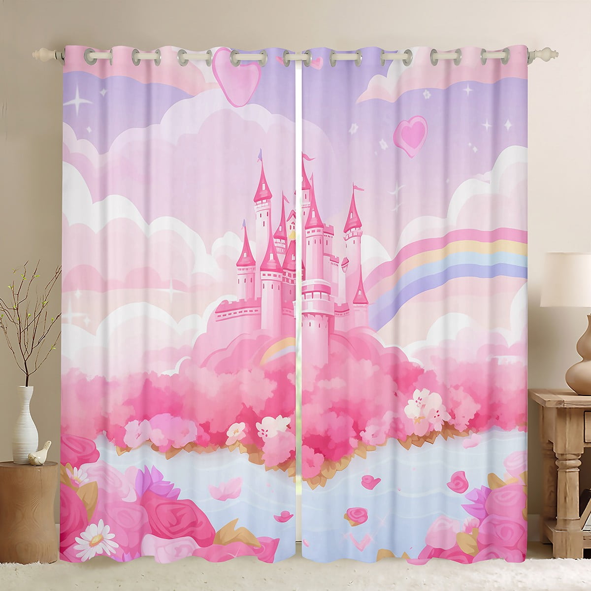 YST Kids Pink Castle Curtains & Drapes, Kawaii Rainbow Curtains Lovely ...