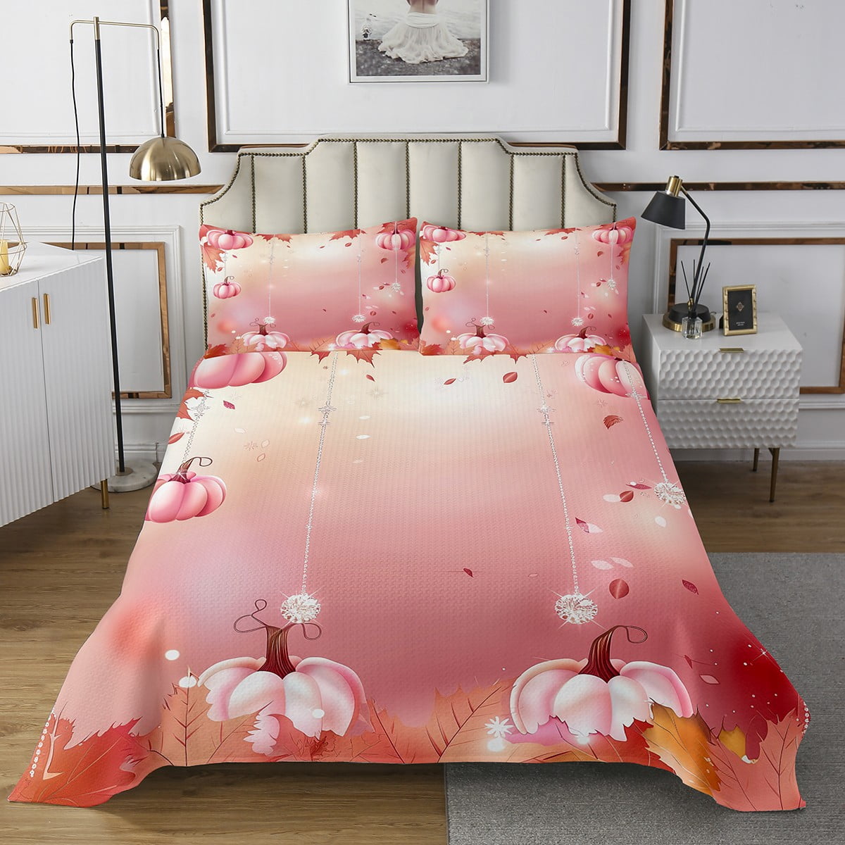 Pink Fall Queen Bedspread Set,Pink Maple Leaf Pumpkins Quilt Set,Teen ...