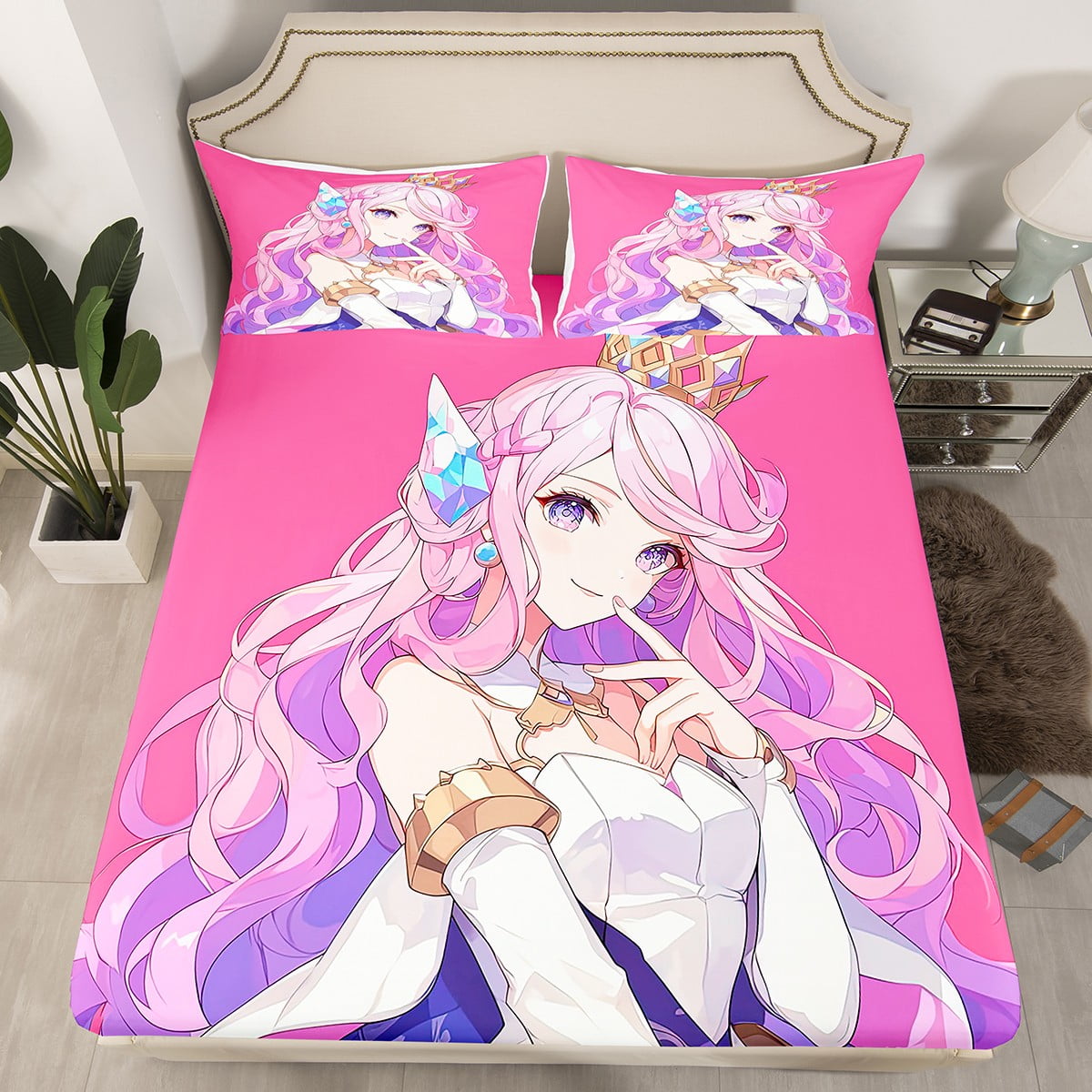 Pink Princess Fitted Sheet Anime Bedding Set Japanese Manga Style Bed ...