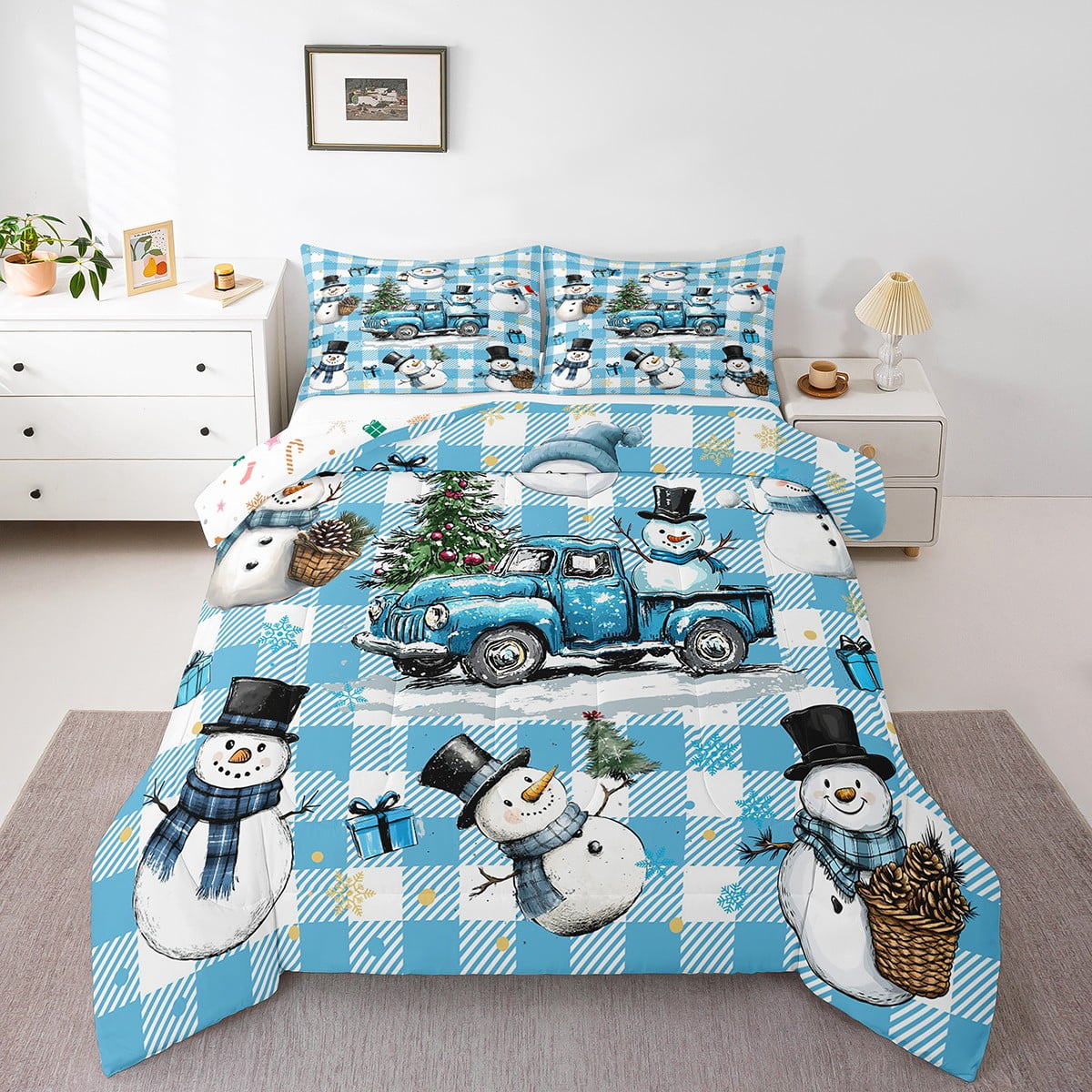 YST Kids Plaid Christmas Queen Size Bedding Set Cute Snowman Bed ...