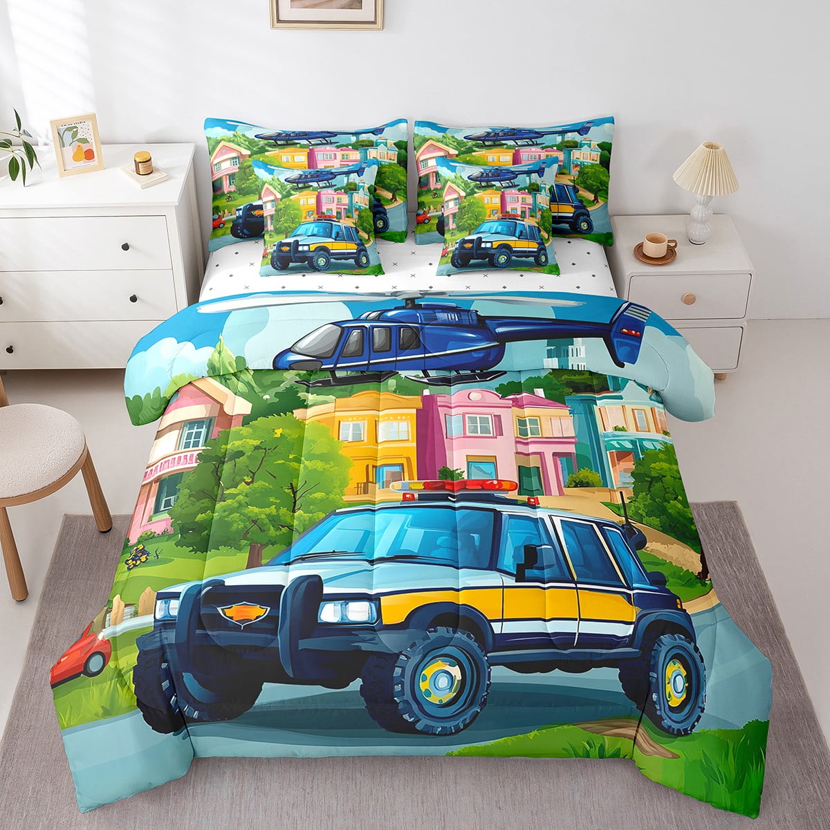 YST Kids Police Car Bedding Set With Sheets Full Police Helicopter ...