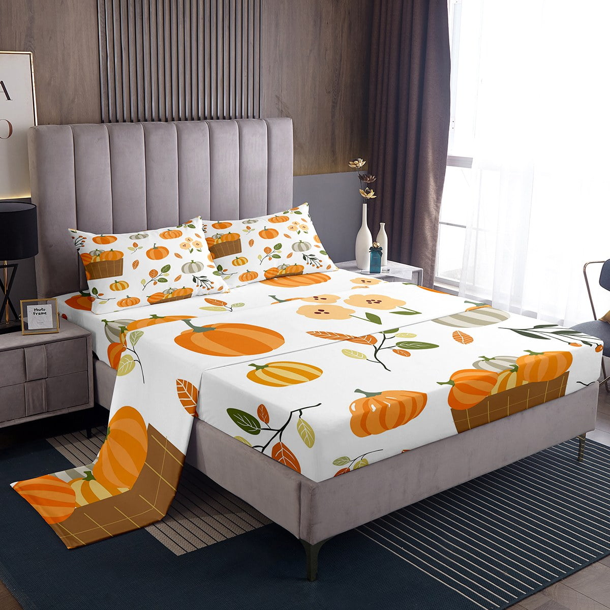 Erosebridal Pumpkin Sheet Set Botanical Flower Leaves King Size Sheets ...