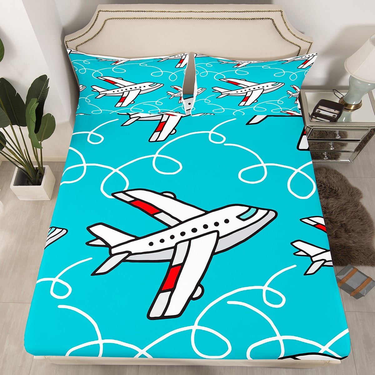 YST Kids Queen Size Airplane Fitted Sheet for Boys Girls,Cartoon ...