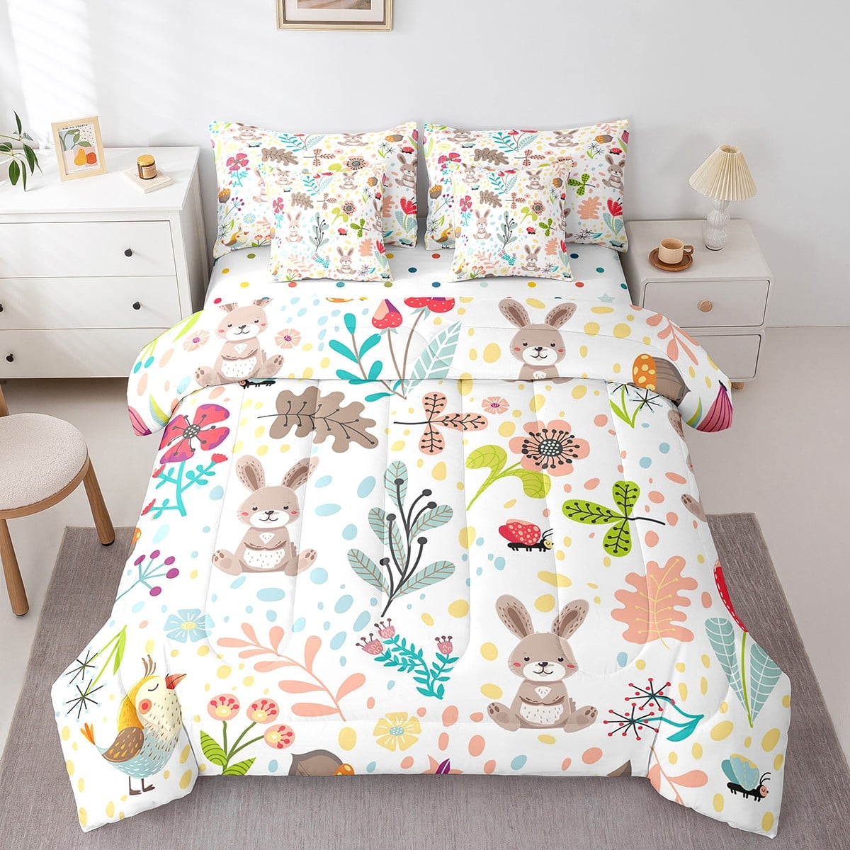 Kids Rabbit Bedding Set King,Cute Rabbit Bed In A Bag 7 Piece For Girls ...