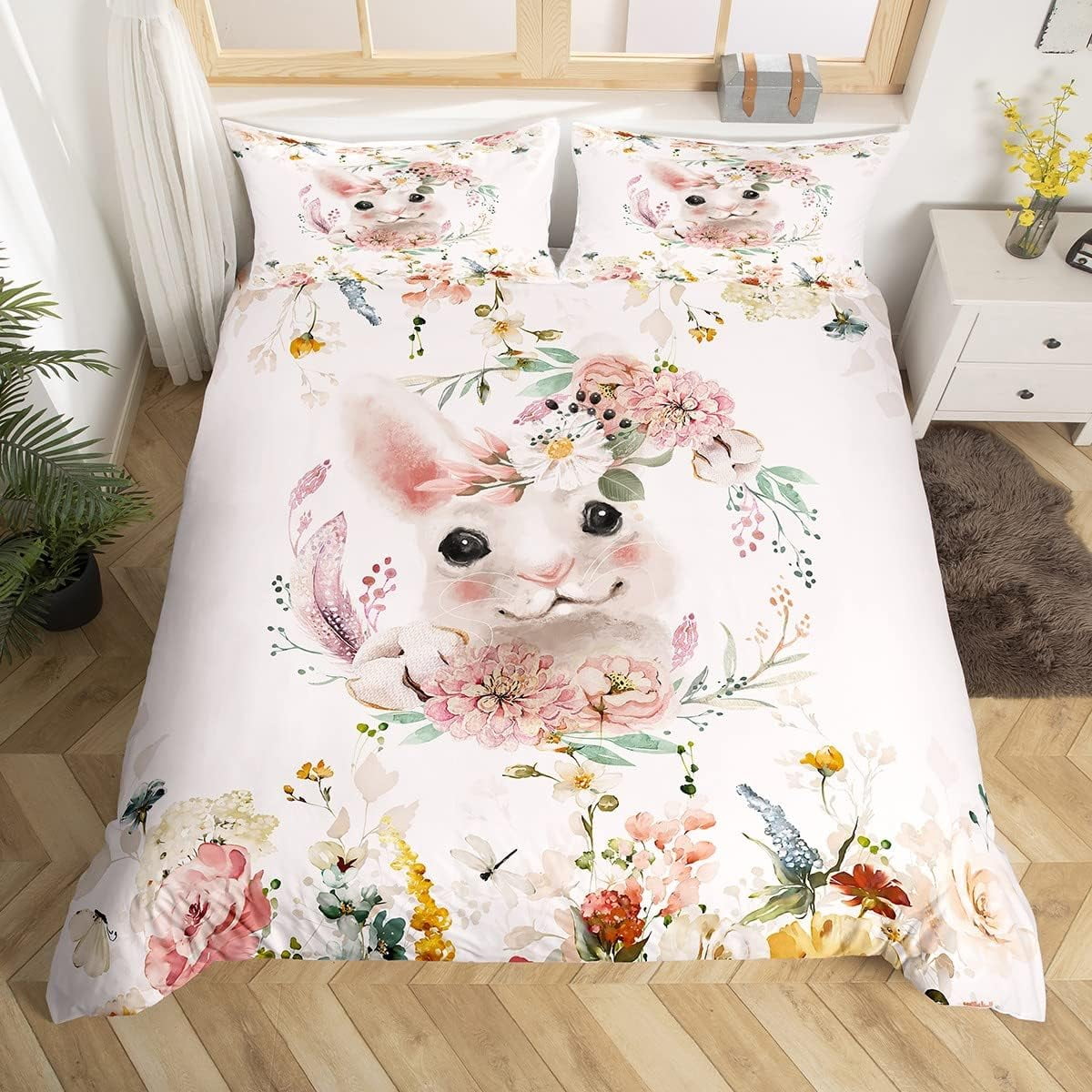 YST Kids Rabbit Comforter Cover Queen,Pink Floral Bedding Sets Girls ...