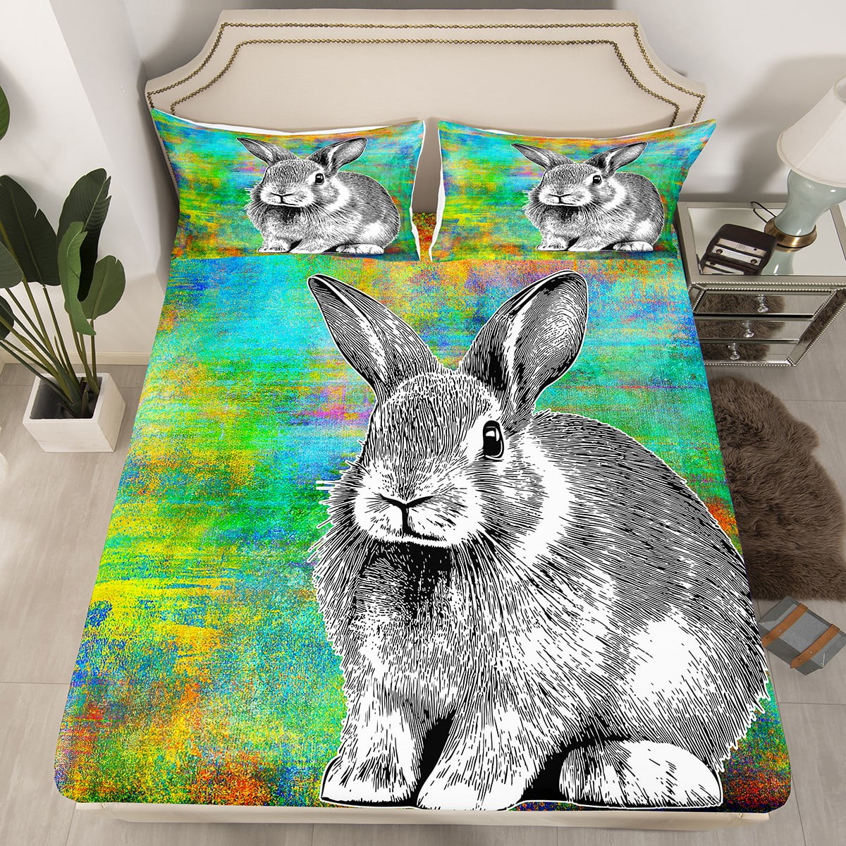 YST Kids Rabbit Fitted Sheet Full Size, Cute Bunny Bed Set Lovely Pet ...