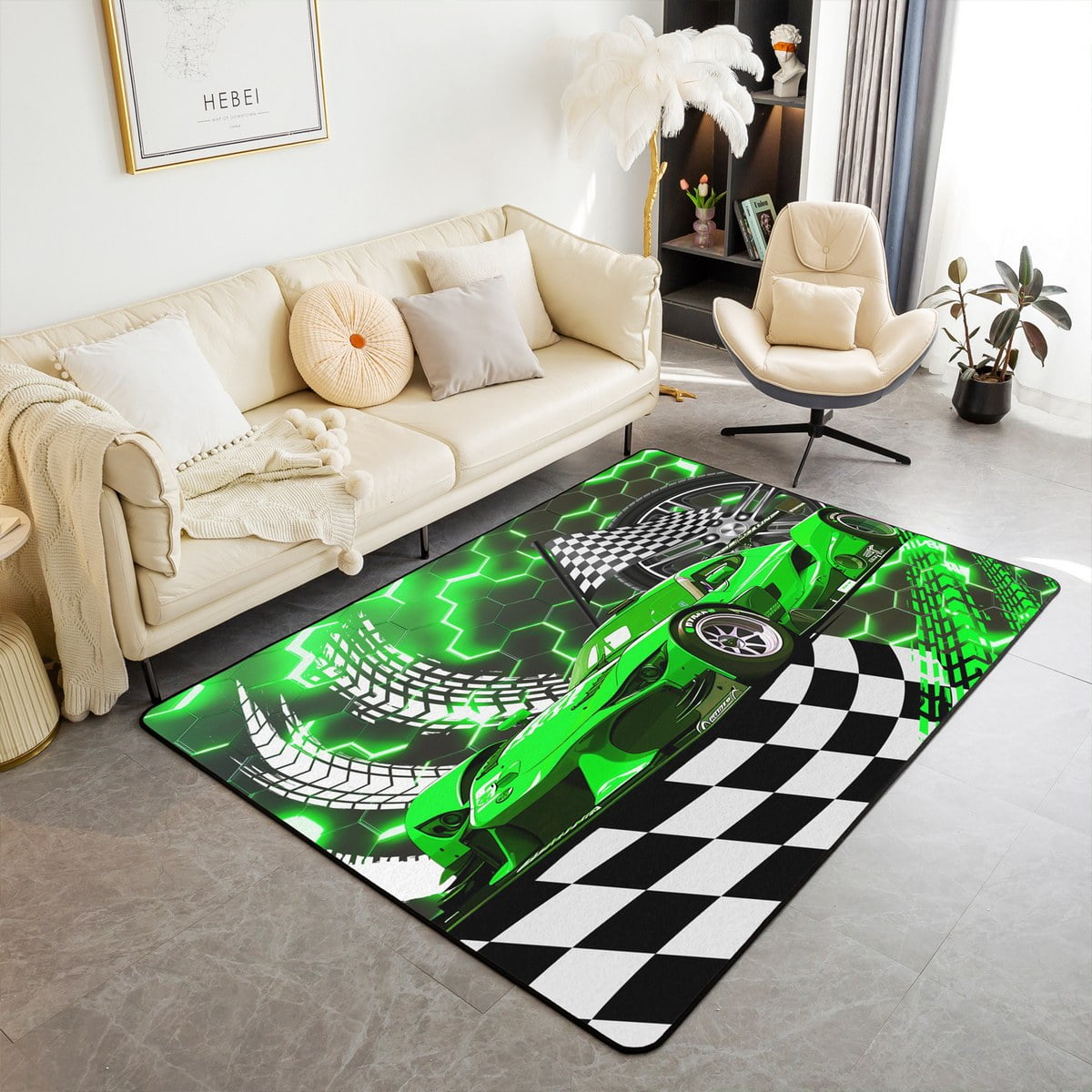 YST Kids Race Car Area Rug 3x5,Green Neon Lights Honeycomb Rug for Boys ...