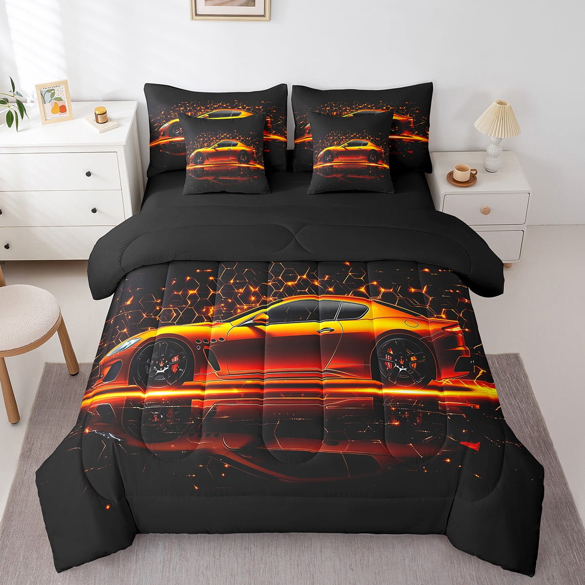 Racing Car Comforter Set With Sheets Full Neon Honeycomb Race Car ...