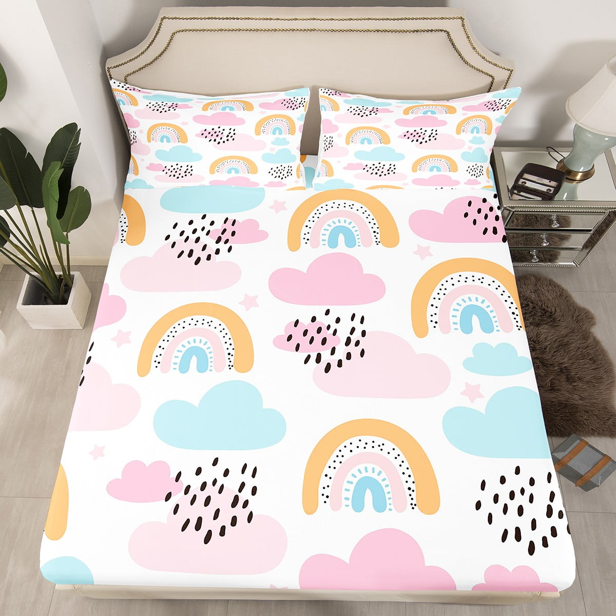 YST Kids Rainbow Bedding Set Twin for Girls Cute Cartoon Cloud Star Sun ...
