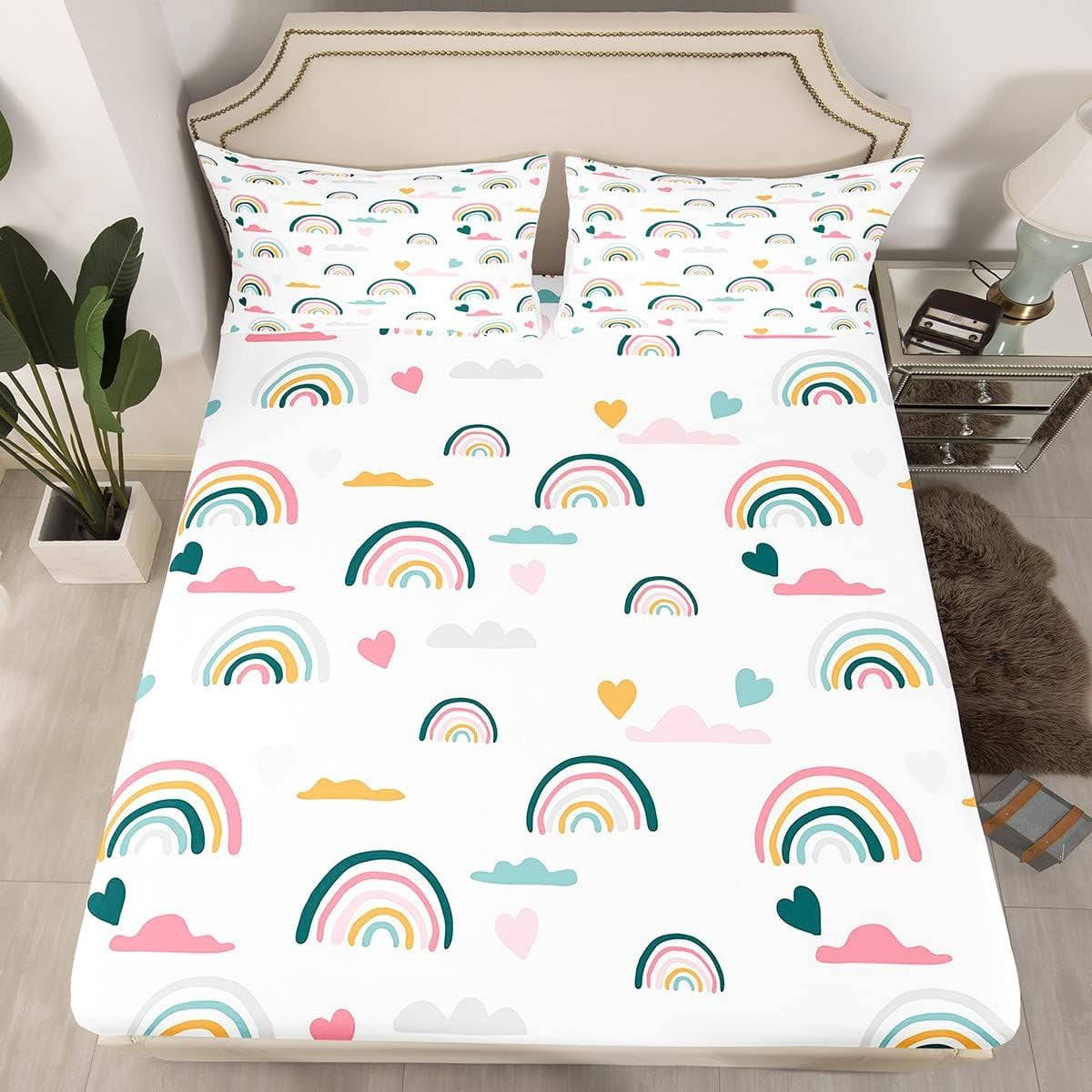 YST Kids Rainbow Fitted Sheet Full Size, Girly Love Heart Bed Sheet ...