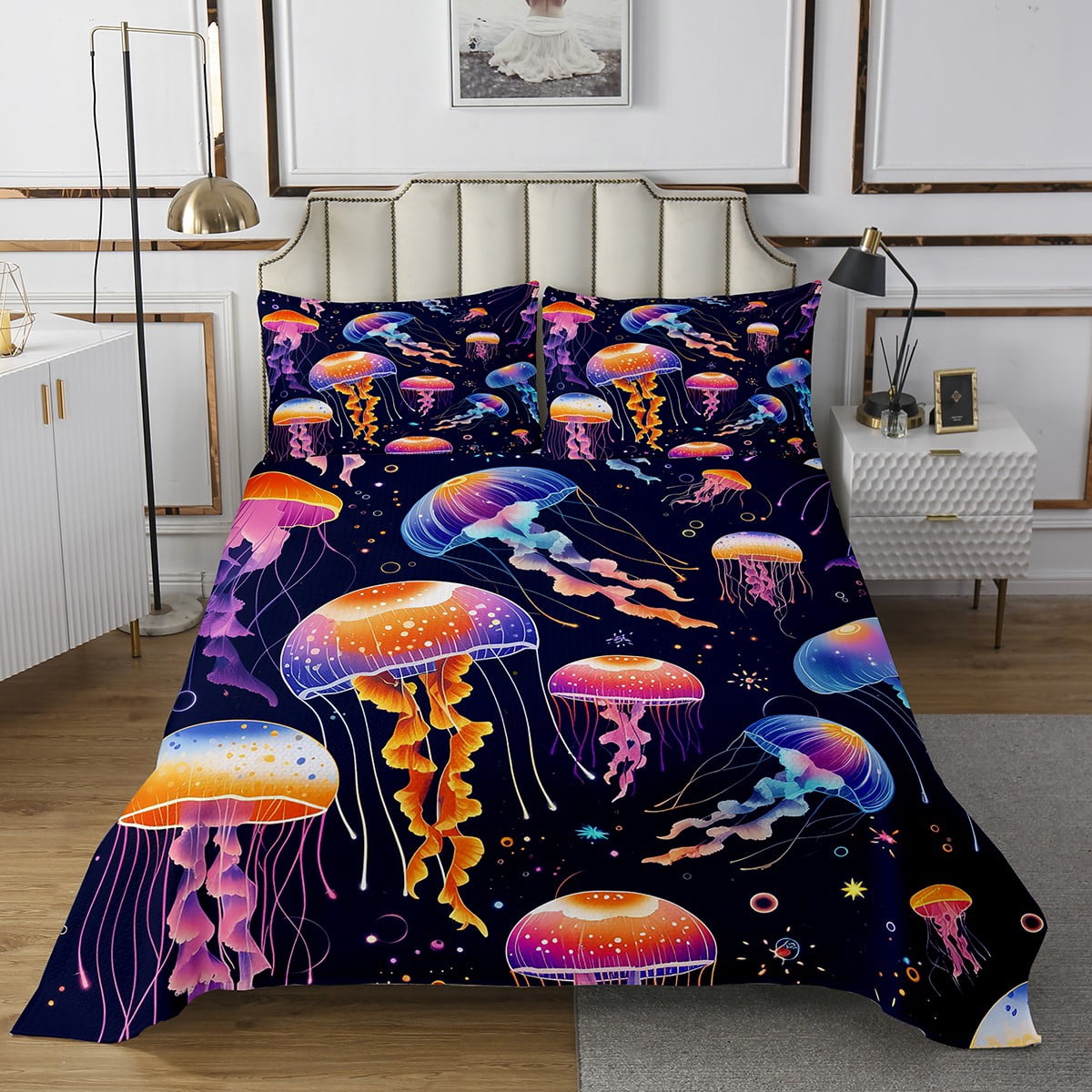 YST Kids Rainbow Jellyfish King Quilt Set Ocean Fish Print Coverlet Set ...