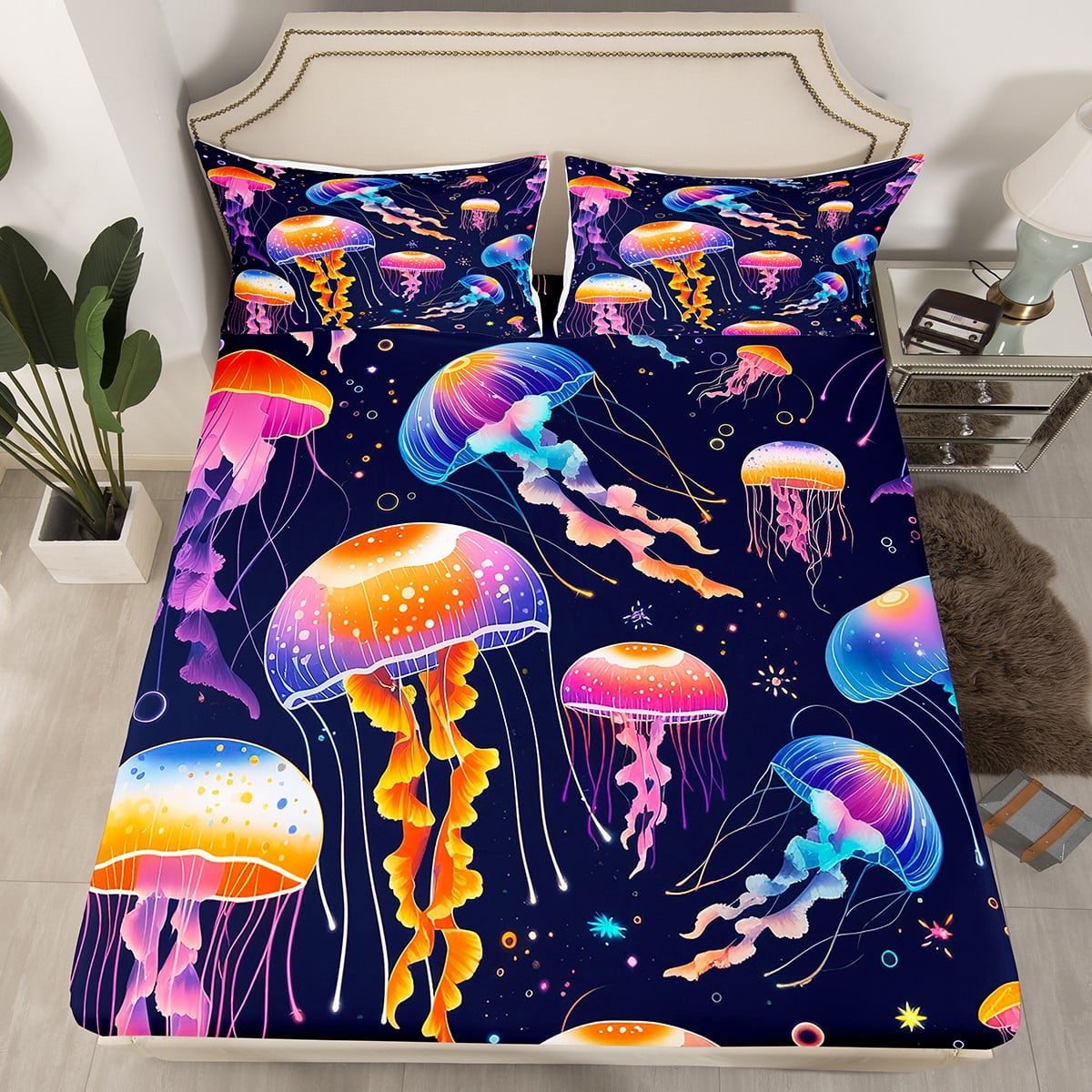 YST Kids Rainbow Jellyfish Queen Fitted Sheet Ocean Fish Print Bedding, Glitter Stars Bed Sheets ...