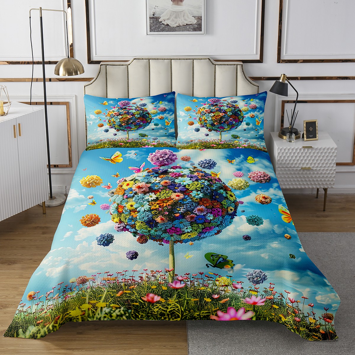 YST Kids Rainbow Tree Coverlet Queen Size Spring Floral Bedding Set for ...