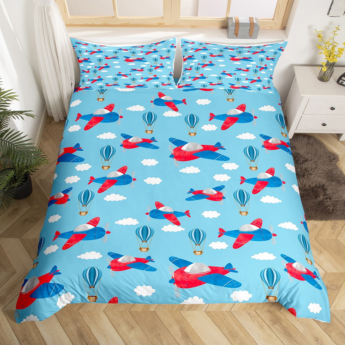 YST Kids Red Blue Plane Duvet Cover Full Cartoon Aircraft Bedding Set ...