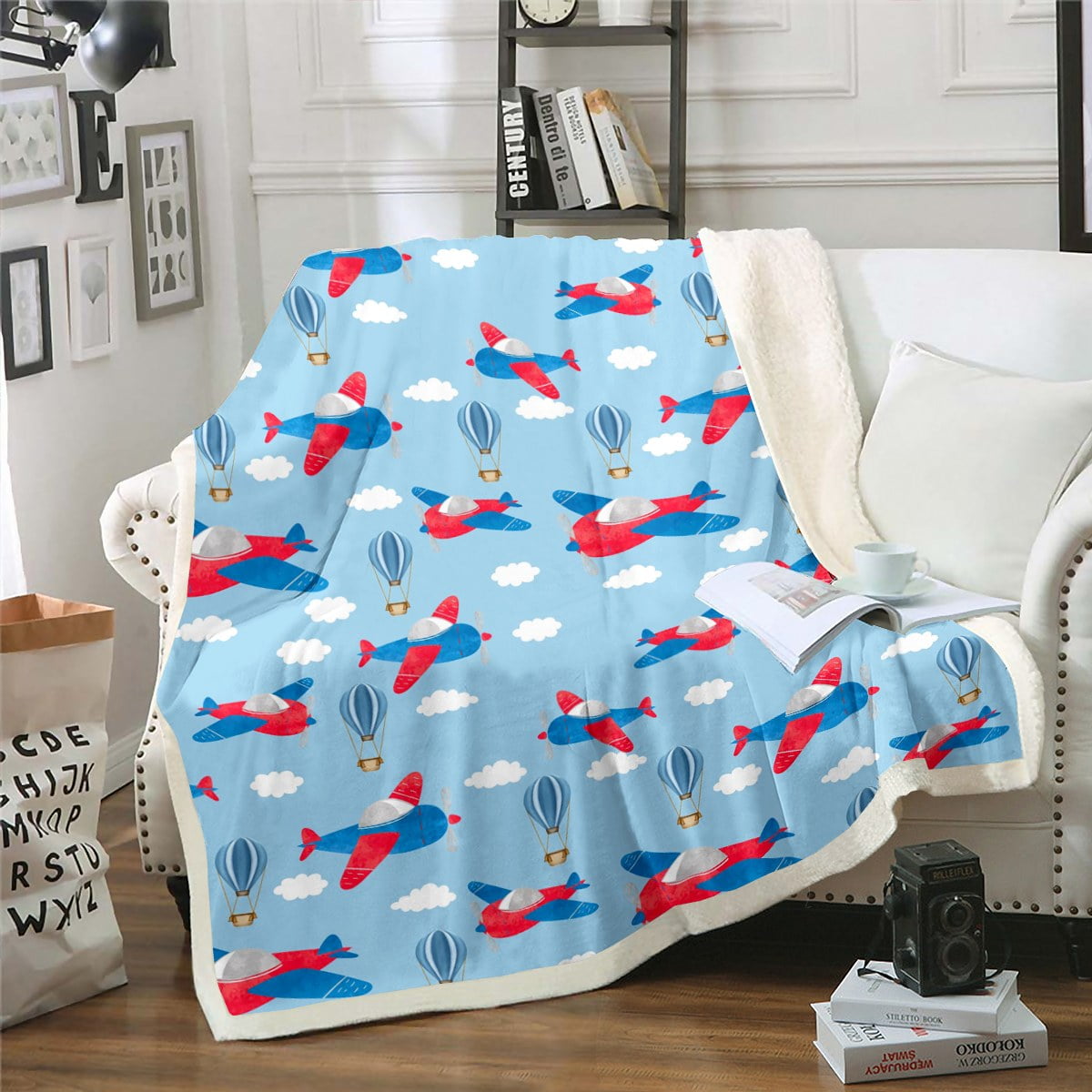 YST Kids Red Blue Plane Sherpa Blanket Cartoon Aircraft Blanket Sky ...