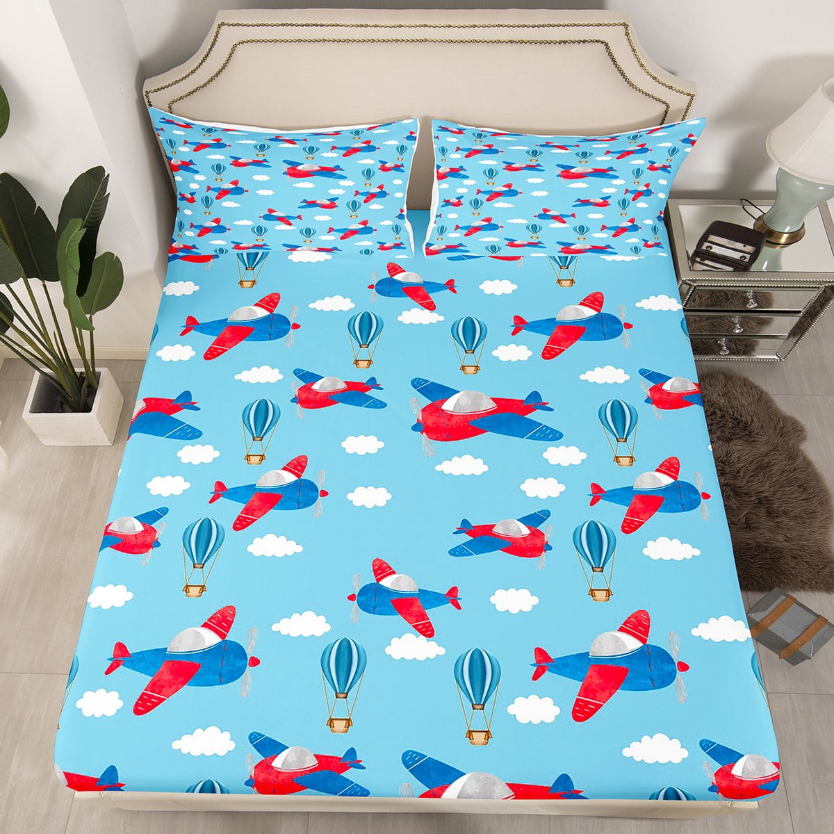 YST Kids Red Blue Plane Twin Sheets Cartoon Aircraft Bed Sheets, Sky ...