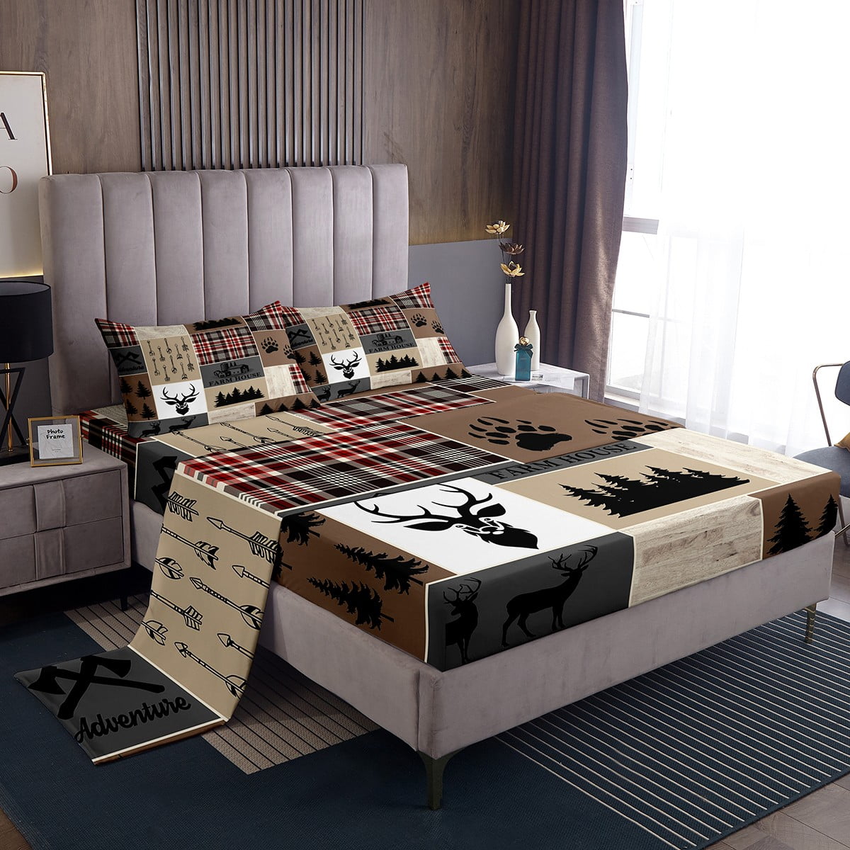 Retro Rustic Lodge Bed Sheets, Deer Elk Fitted Sheet King Size For ...