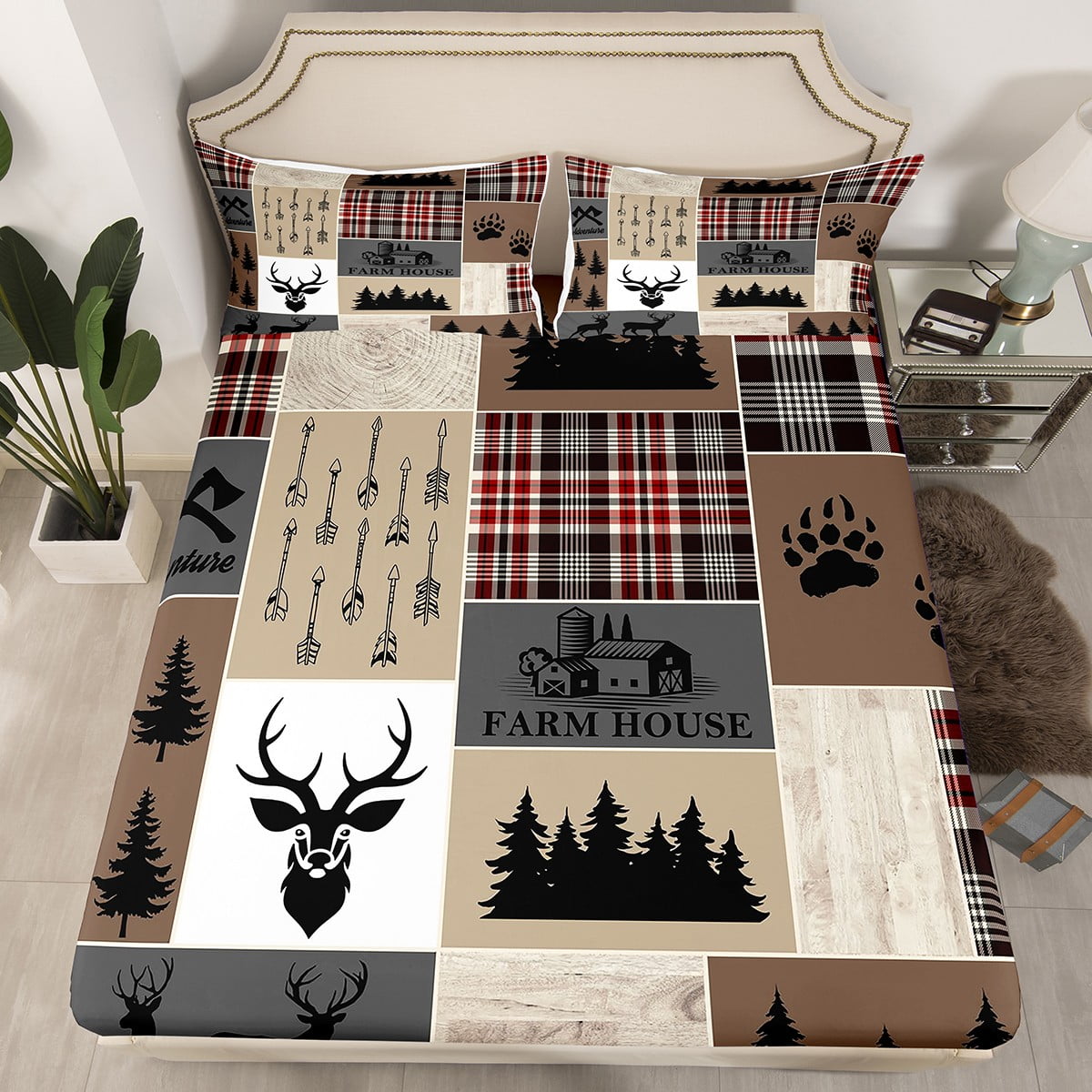 Retro Rustic Lodge Fitted Sheet, Deer Elk Bedding Set Twin Size For ...