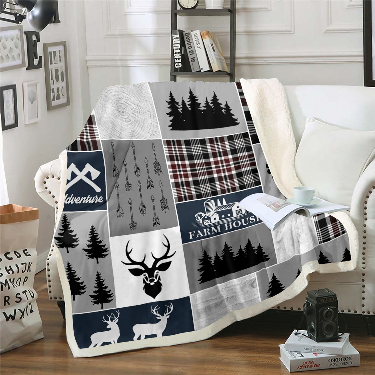 Rustic Farmhouse Fleece Blanket , Retro Woodland Deer Throw Blanket ...
