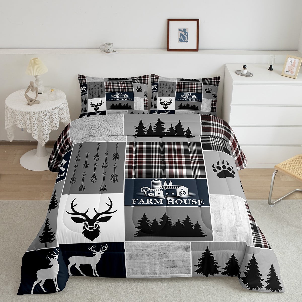 YST Kids Rustic Farmhouse Quilt Twin Size, Retro Woodland Deer ...