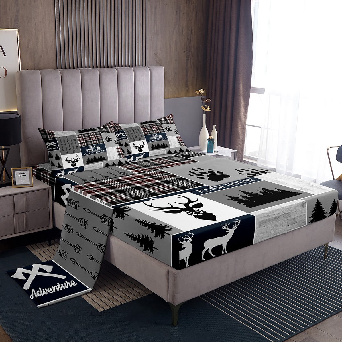 Erosebridal Rustic Farmhouse Sheet Set King Size, Retro Woodland Deer ...