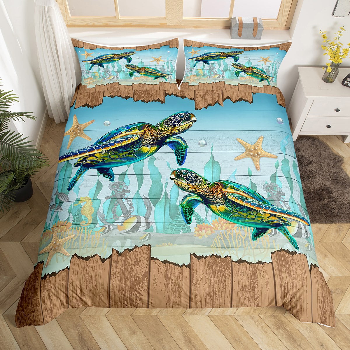 YST Kids Sea Turtle Comforter Cover Cute Ocean Animal Bed Set, Nautical ...