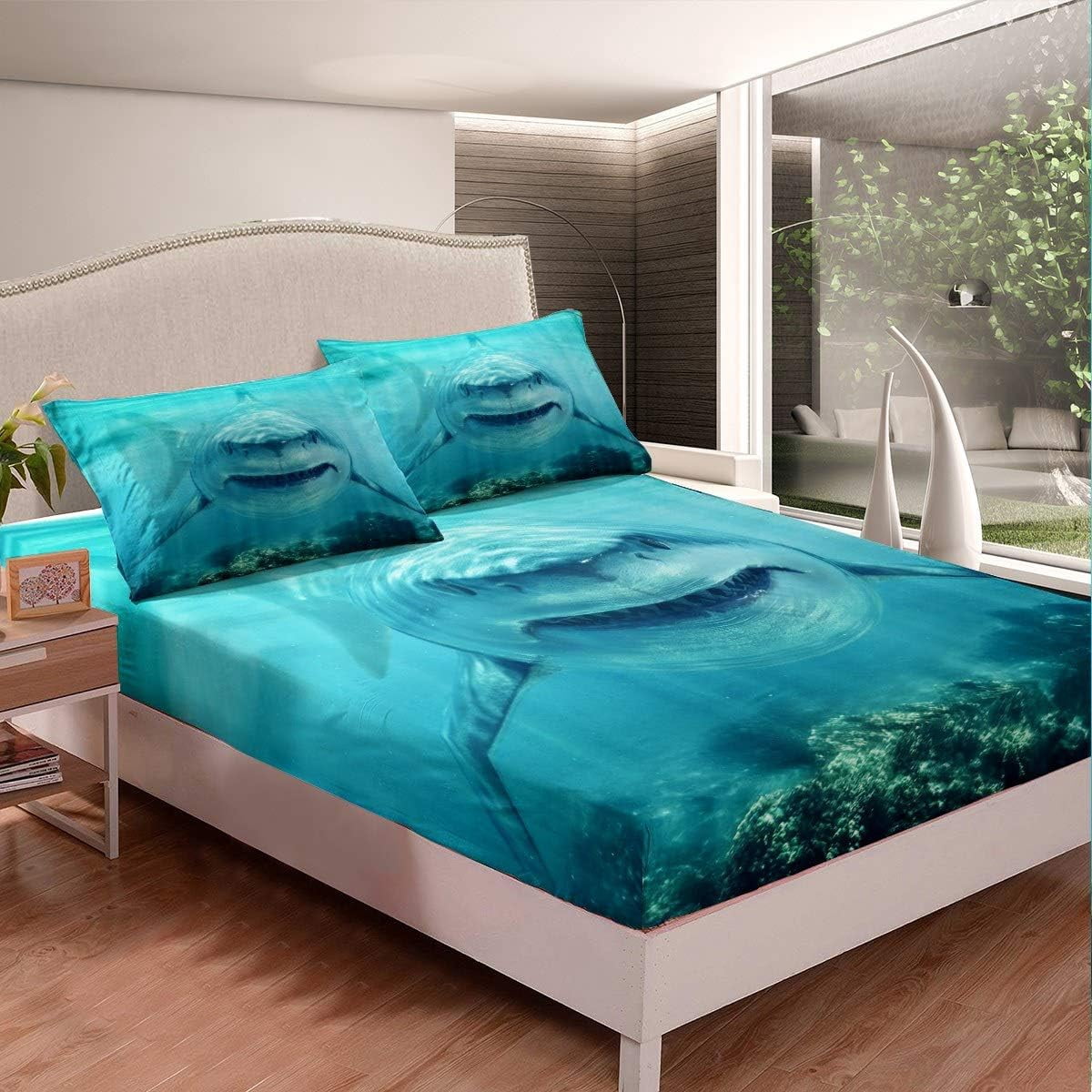 Shark Fitted Sheet Ocean Creature Bed Sheet Set Deep Pocket Sea Animal ...