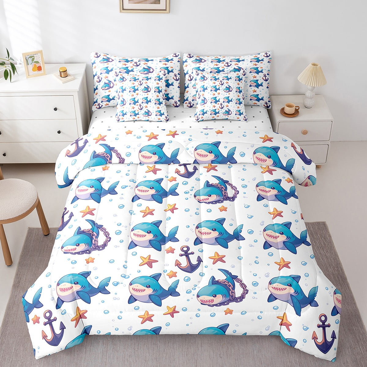 YST Kids Shark Full Comforter Set 7 Piece Cute Hunting Shark Bedding ...