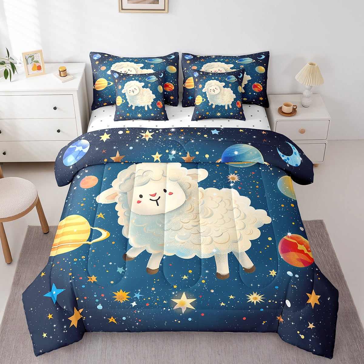 Erosebridal Sheep Bed In A Bag 7 Piece King Outer Space Galaxy Planet Bedding Set With Sheet Set ...