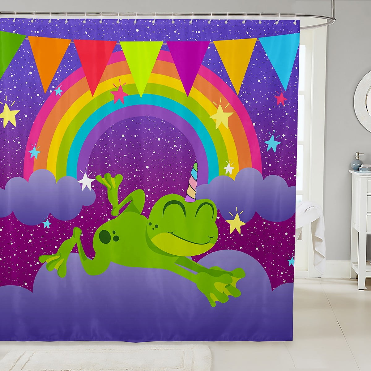 Shower Curtain Cute Rainbow Frog Print Fabric Shower Curtain Green Frog 78.00"x72.00" Bath ...