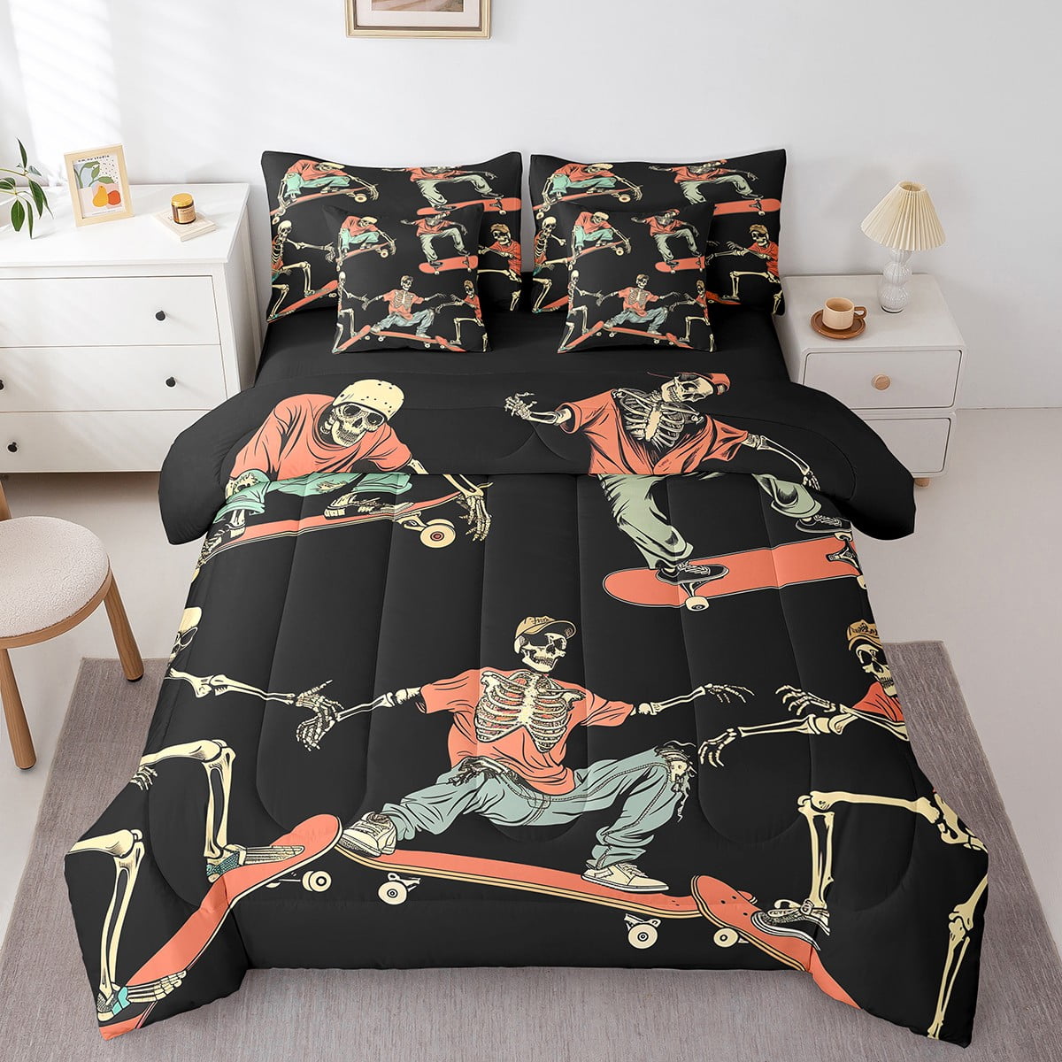 YST Kids Skull Bed In A Bag Queen Boys Skateboard Sports Comforter Set 7 Piece,Hip Hop Style ...