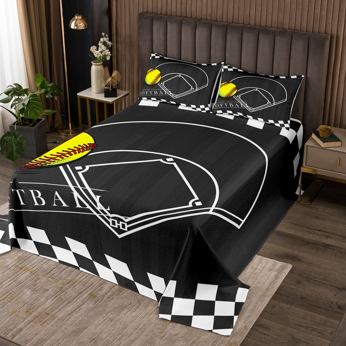 Erosebridal Softball Queen Quilt Set Ball Sports Coverlet Set, Black ...