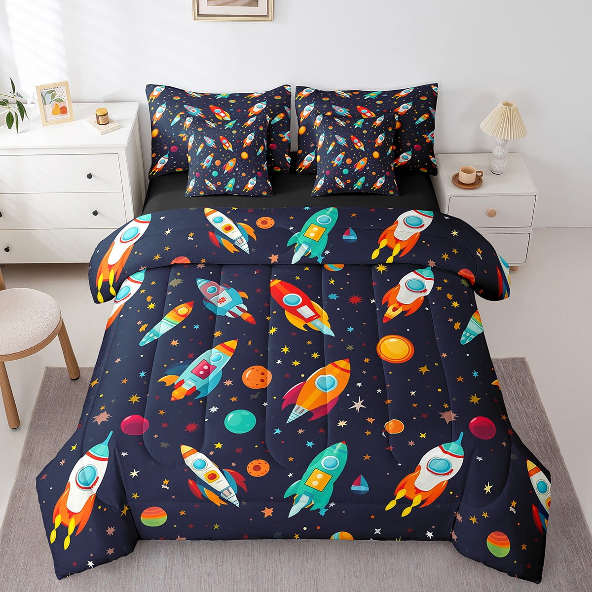 YST Kids Solar System Queen Comforter Set Outer Space Rocket Bed In A ...