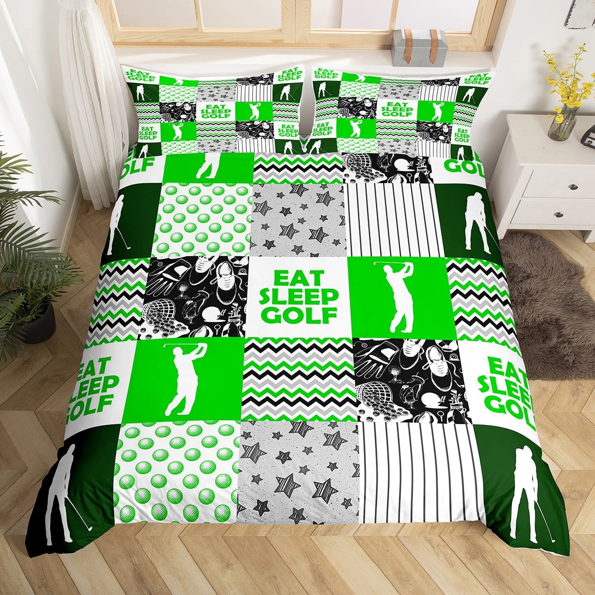 Sports Bed Set Teen Golf Duvet Cover, Black White Grey Green Bedding ...