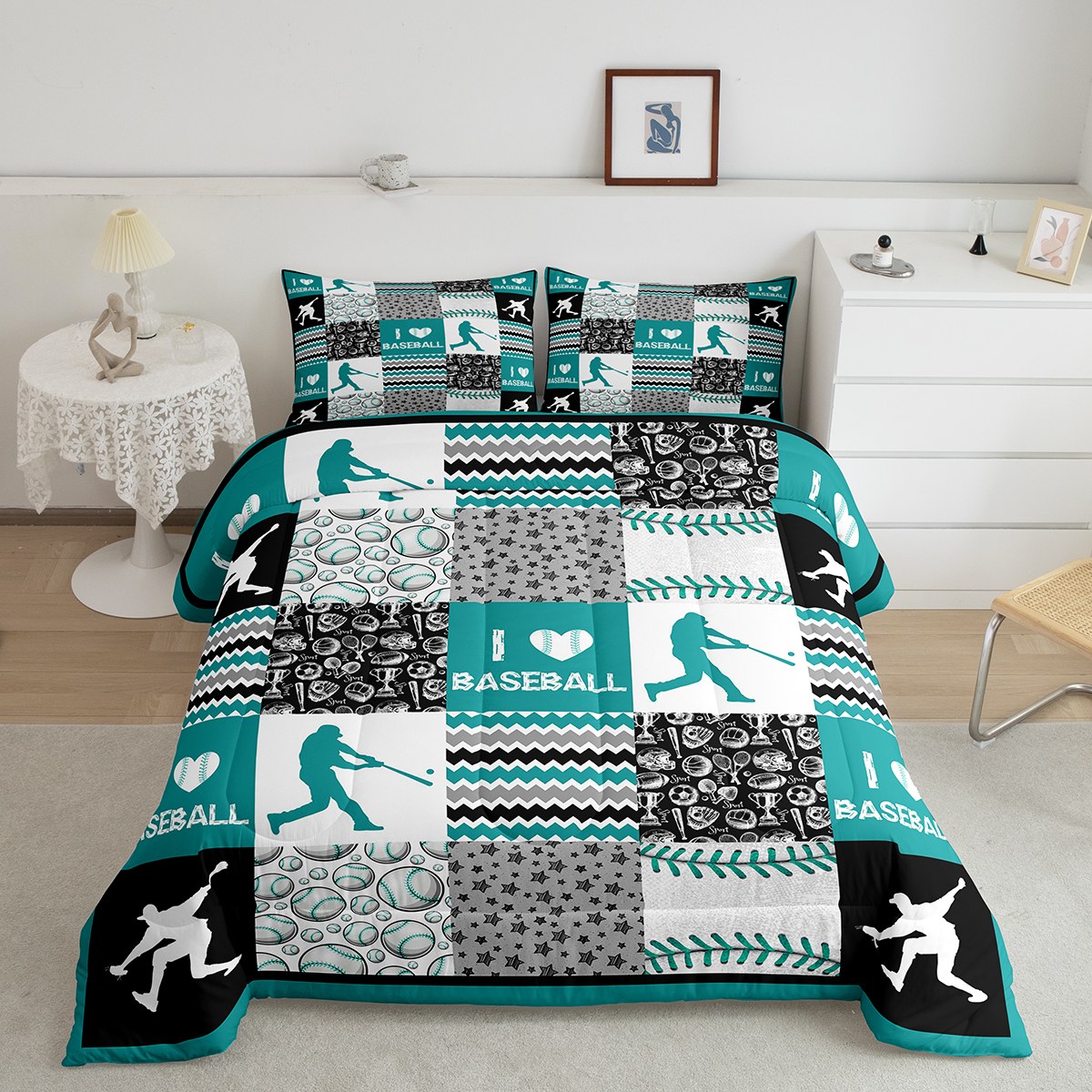 Sports Bedding Full Teen Baseball Comforter Set, Black White Grey Teal ...