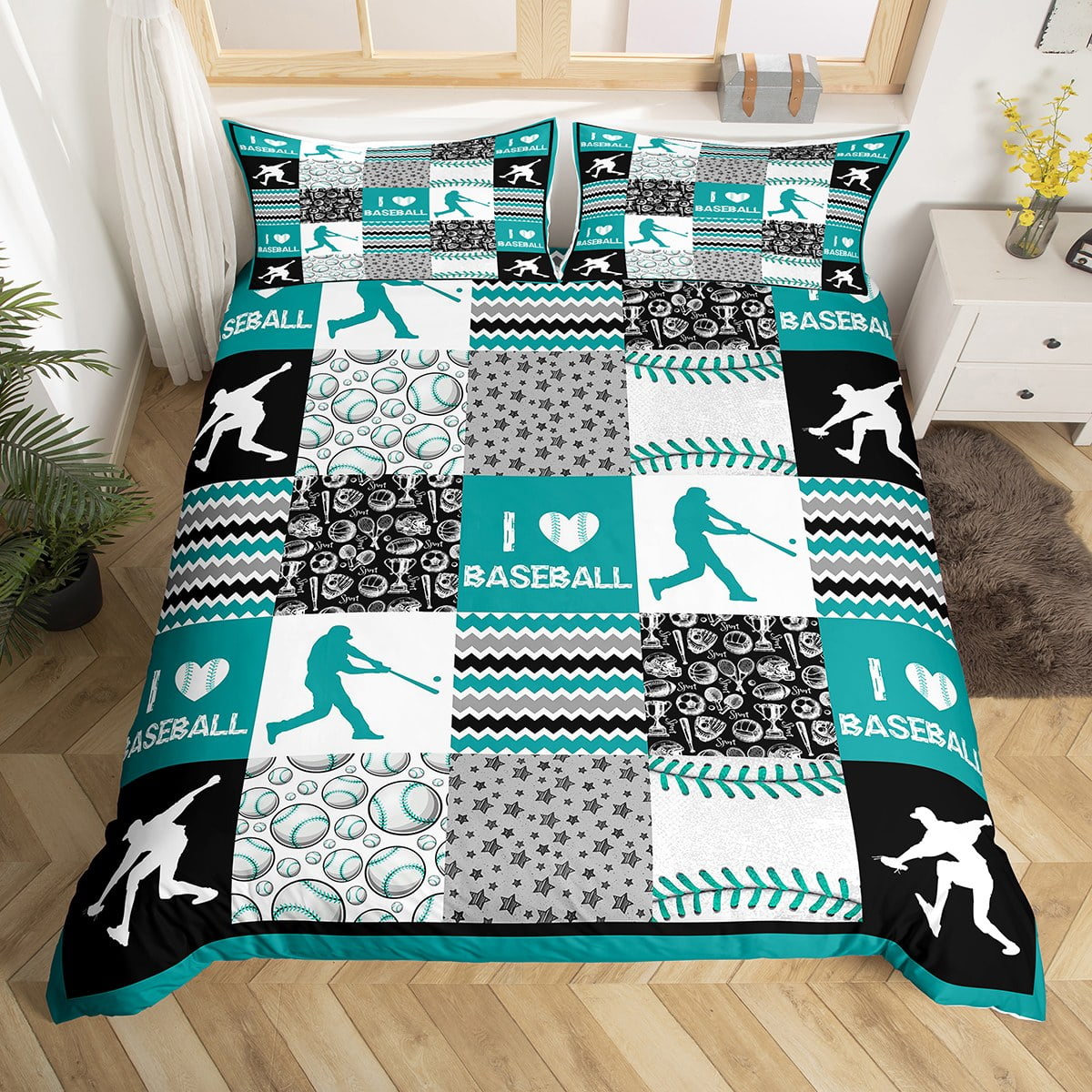 YST Kids Sports Bedding Sets Queen Teen Baseball Comforter Cover, Black ...