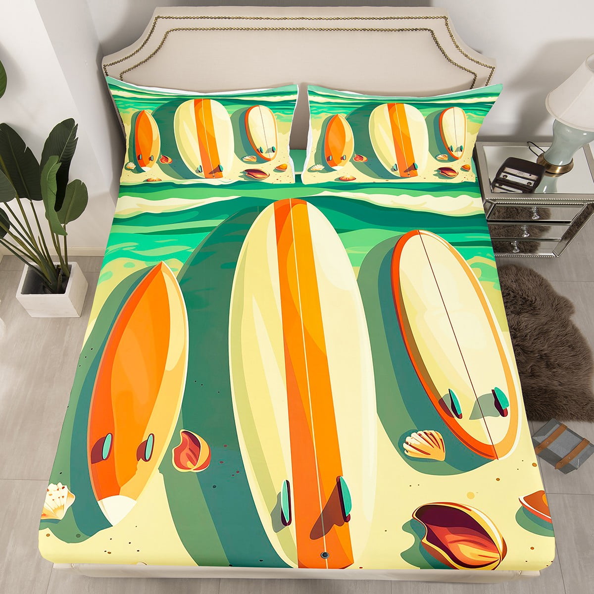Sports Bedding Twin Size Beach Theme Bed Sheets, Beige Orange Teal ...