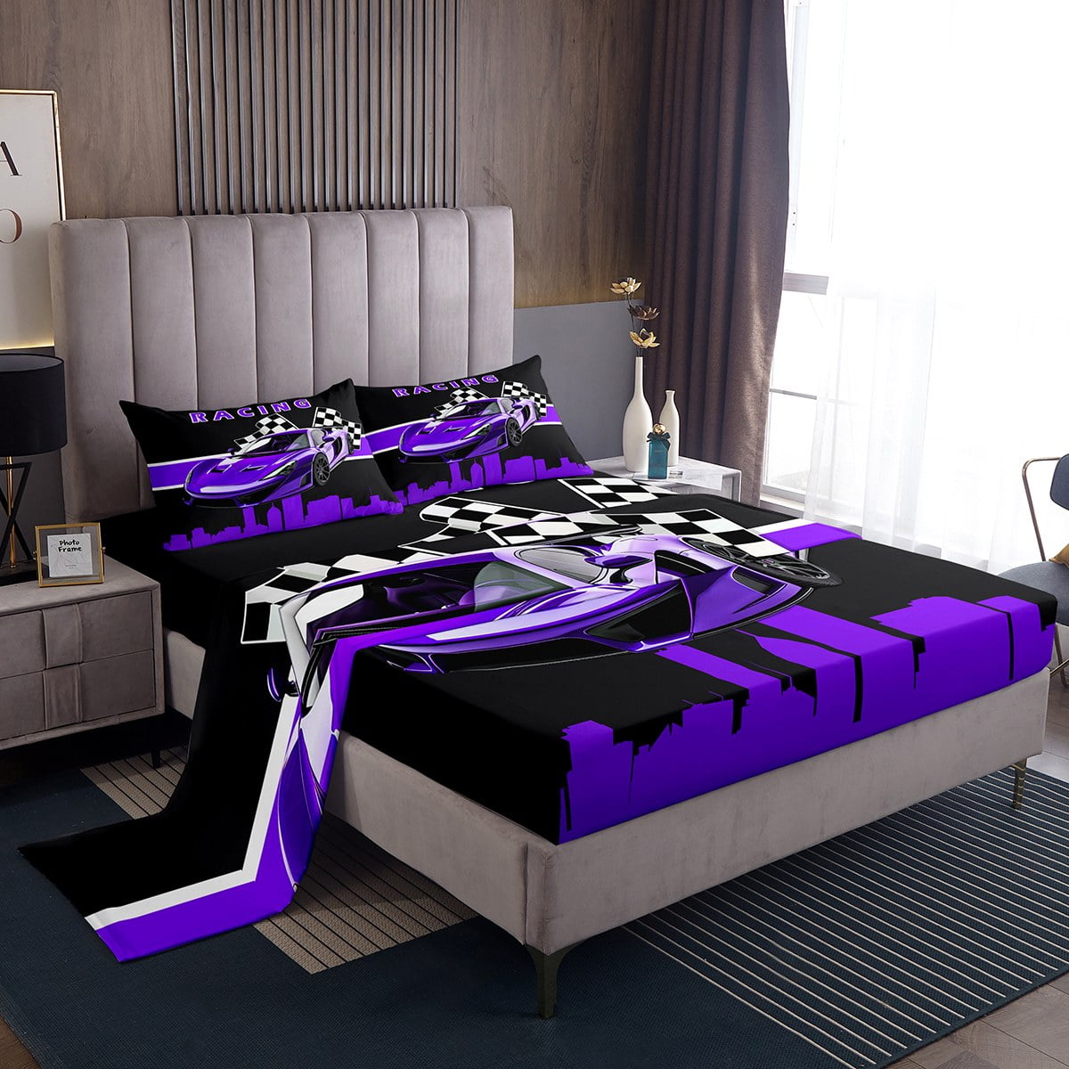 Sports Car Bed Set Speed Race Car Bed Sheets Set, Purple Black Sheet ...