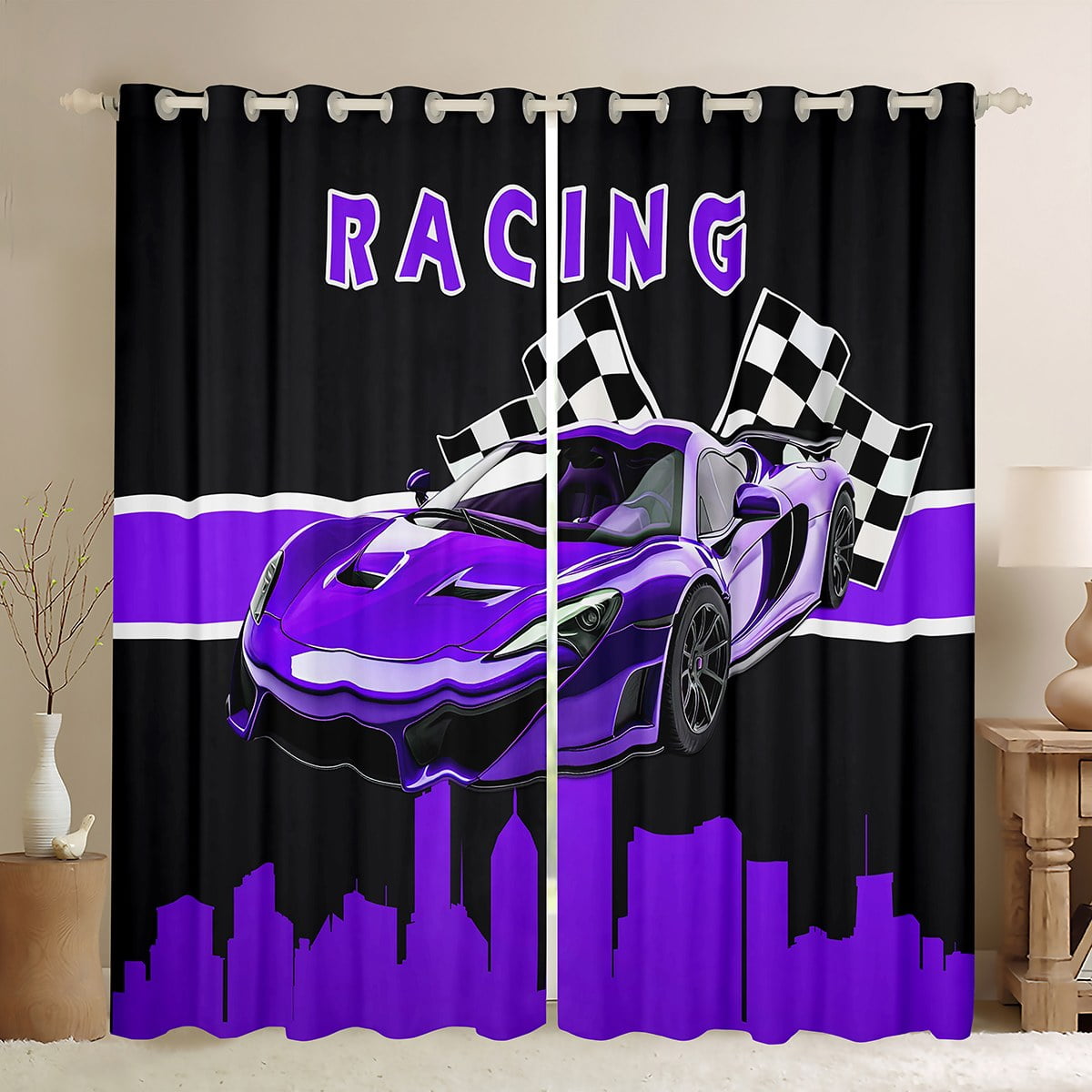 Sports Car Curtains Speed Race Car Curtains & Drapes, Purple Black 30% ...