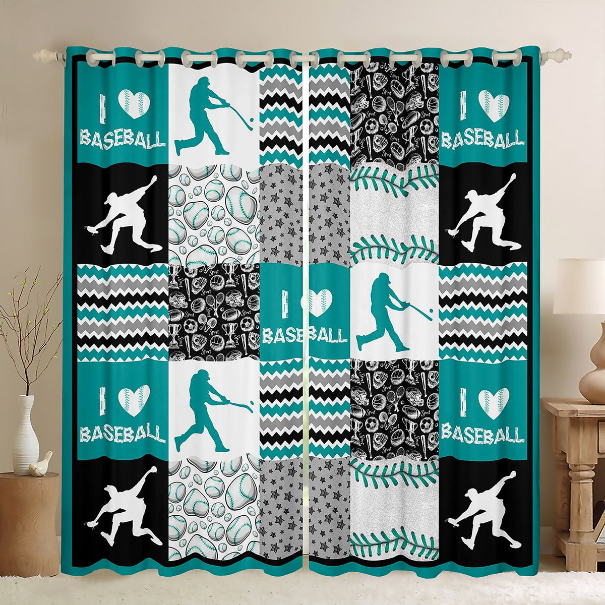 YST Kids Sports Curtains & Drapes Teen Baseball Curtains, Black White ...
