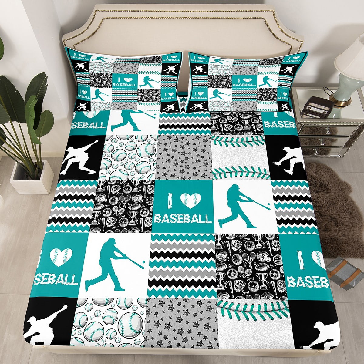 YST Kids Sports Queen Fitted Sheet Teen Baseball Sheets, Black White ...